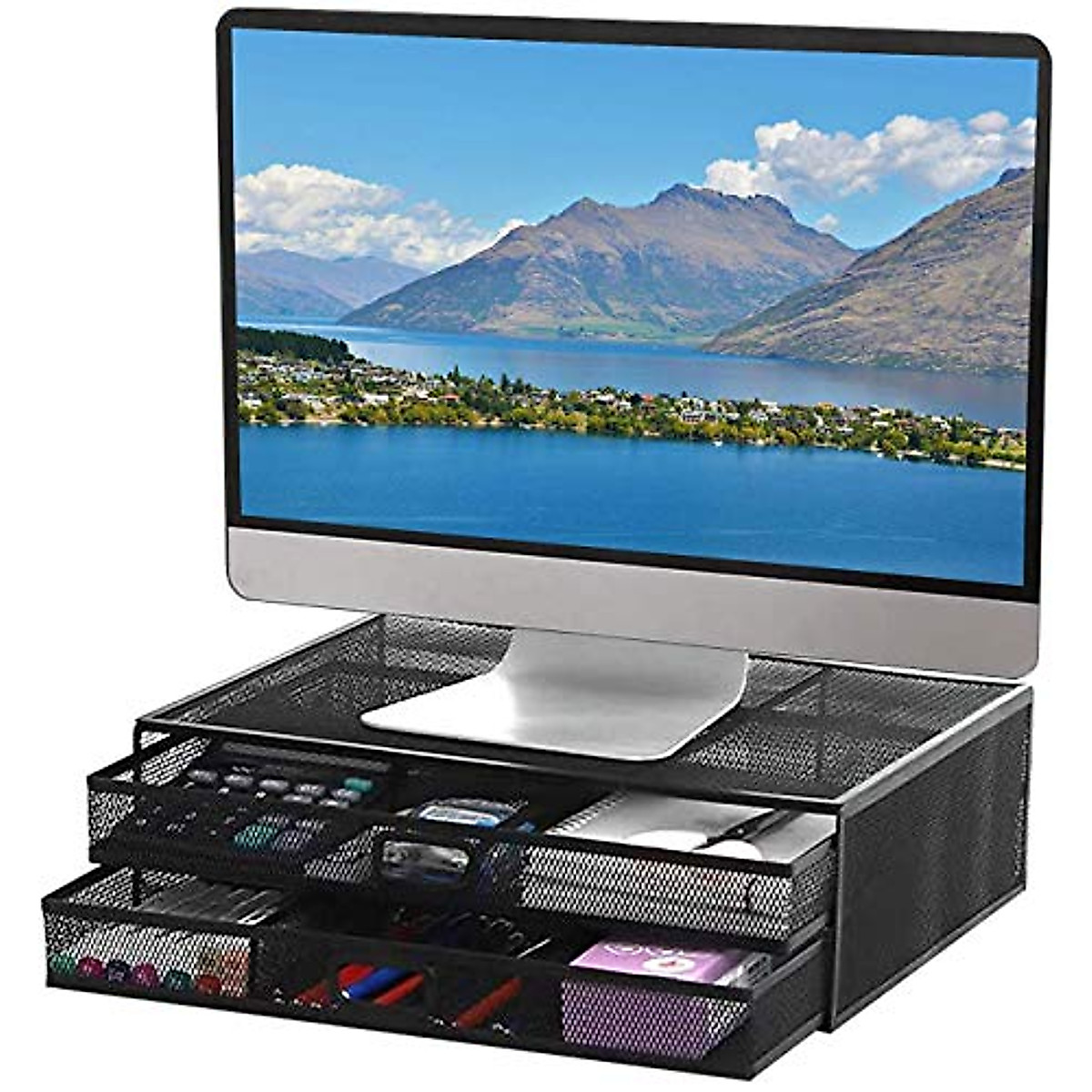 YCOCO Monitor Stand Riser,Metal Mesh Monitor Riser Desktop Stand with 2 Storage Drawers,Multi-Purpose Desktop Storage Stand for Computer,Laptop,Printer,Black