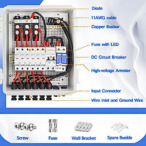 Solar Combiner Box PV Combiner Box 6 Strings with Lightning Arrester and 15A DC Fuse and 63A Circuit Breaker and Diodes for On/Off Grid Solar Panel System IP65
