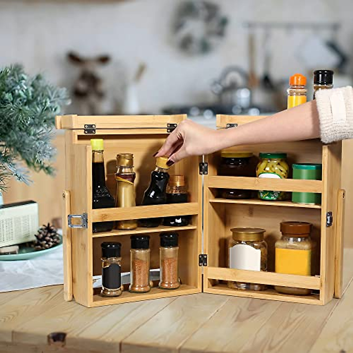 GOBAM Bamboo Kitchen Countertop Organizer - 3 Tier Shelf, Portable Space Saving Storage Spice Organizer for Living Room, Kitchen, Office, Outdoors - Natural, 10.2 x 7.9 x 13.4 inches