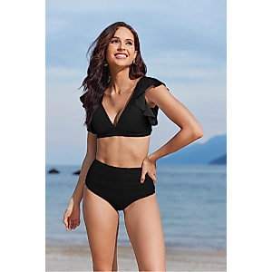 Soucrat Black Swimsuit Tummy Control for Women V Neck High Waisted Bikini Bottom Sexy Two Piece Bathing Suits