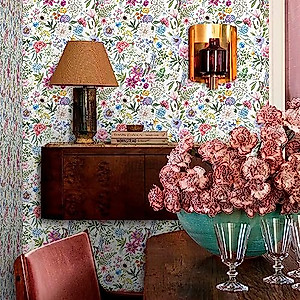 MuralPeel Boho Pink/White Colorful Flowers Floral Botanical Plants Peel and Stick Wallpaper Easy Peel Off Vintage Self Adhesive Removable Wall Paper for Kitchen Cabinet Furniture Renter Friendly