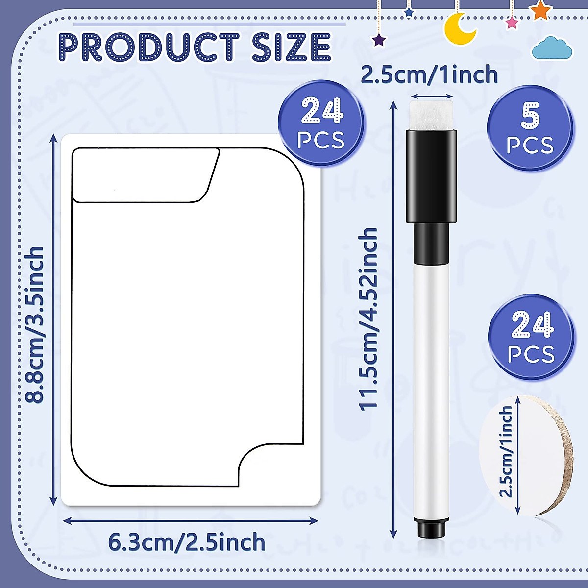 Teling 24 Pcs Reusable Cards Multifunctional Tokens Dry Erase Cards White Blank Flash Cards Erasable Index Cards, 24 White Erasable Plastic Counters Gaming Tokens Discs and 5 Marker Pens for Game