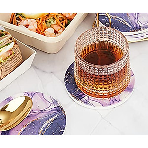 Lamris Absorbent Coasters Sets of 6 Purple Ceramic Coaster with Gold Metal Holder Stand Coffee Table Home Decor Housewarming Gifts