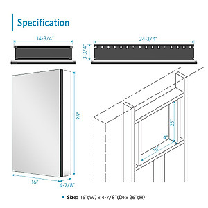 Quavikey Medicine Cabinet with Aluminum Recessed or Surface Mount Bathroom Mirror with Storage 16x26 Inch, Black