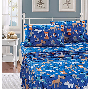 Better Home Style Playing Puppy Blue Kids/Boys/Toddler 3 Piece Sheet SetWith Woof Woof Wagging Dogs Pups and Puppies Includes Pillowcase Flat and Fitted Sheets # Blue Dog (Twin)