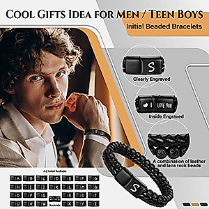 Bracelets for Men Letter C Beaded Initial Bracelet Mens Gifts for Birthday Lava Rock Cuff Bangle Leather Gifts for Him I Love You Engraved Birthday Retirement Christams Jewelry