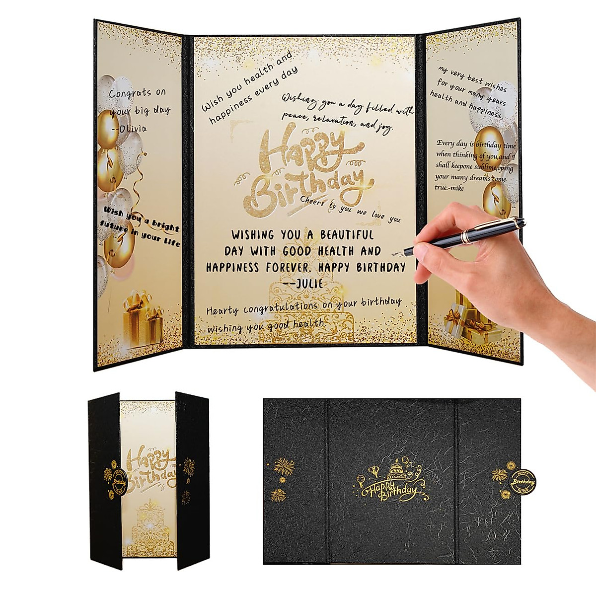 BCIBhucy Happy Birthday Signature Book, Black Gold Creative Birthday Guest Book, Birthday Signing Card Board Party Supplies, Large Birthday Guest Book 12" x 18" Birthday Decorations for Men Women