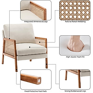 Alunaune Ivory Accent Chair Natural Rattan Armchair Upholstered Living Room Chairs, Modern Slipper Club Chair Guest Reception Couch Comfy Single Sofa for Reading Bedroom