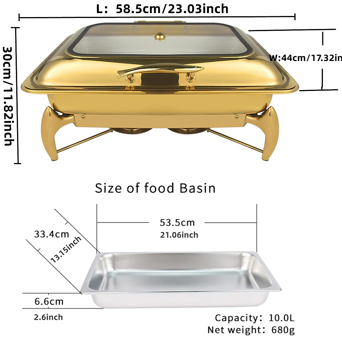 HONHPD 10L Stainless Steel Thickened Buffet Stove, Commercial Hotel Restaurant Breakfast Heating Furnace, Hydraulic Transparent Cover Buffet Stove, Chafing Dish Buffet Set, Gold（Full Size）