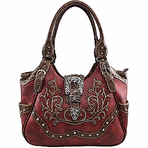 Justin West Tooled Laser Cut Leather Floral Embroidery Rhinestone Buckle Studded Shoulder Concealed Carry Tote Style Handbag Purse (Red Purse)