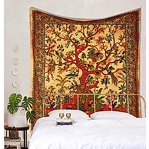 THE ART BOX Tapestry Yellow Orange Tree of Life Wall Hanging Psychedelic Tapestries Indian Cotton Twin Bedspread Picnic Sheet Wall Decor Blanket Wall Art Hippie Bedroom Décor (Twin, 82x54 Inch)