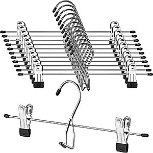 12 Pieces Pant Hangers with Clips Heavy Duty Clip Skirts Hangers Stackable Add on Metal Clothes Hangers with Adjustable Clips Black Rubber Grip Saving Space for Slack Trouser Jeans Towels