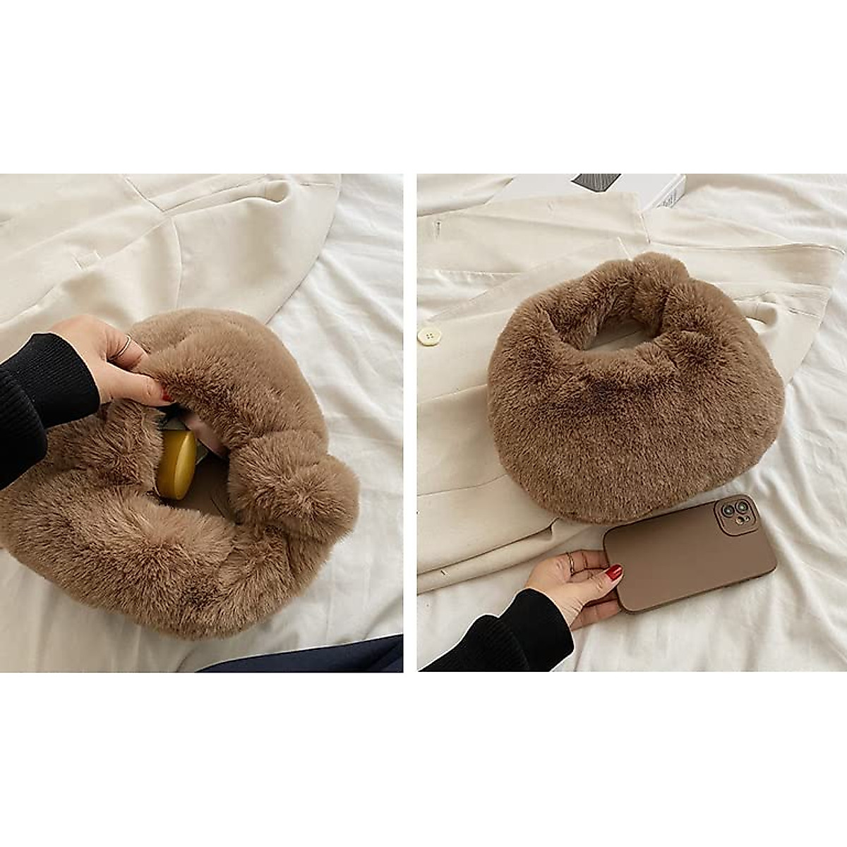 XPONNI Fuzzy Dumpling Bag, Cute Fluffy Bags Y2k, Cute Mini Handbags, Faux Fur Bag with Zipper, Soft Knotted Bag