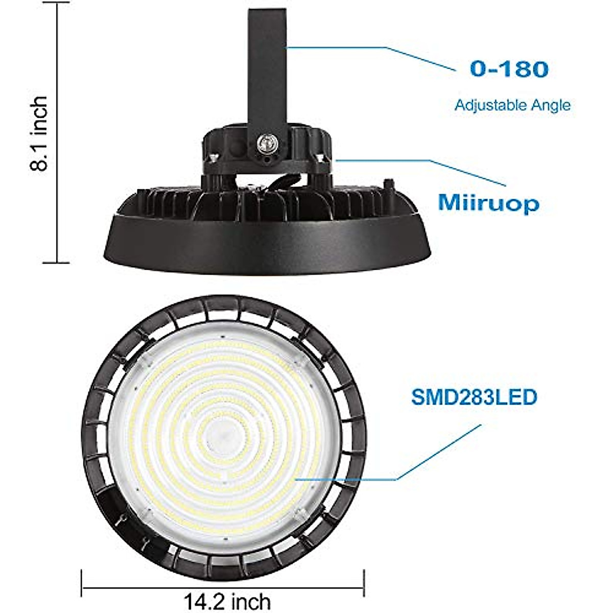 Miiruop UFO LED High Bay Light,160W Coollight 25,600lm 5000K 0-10V Dimmable [Adjustable Beam Angle 65/90/105] IP65 Waterproof,600W HID Replacement,5-Year Warranty US Plug,Warehouse/Wet Location Area