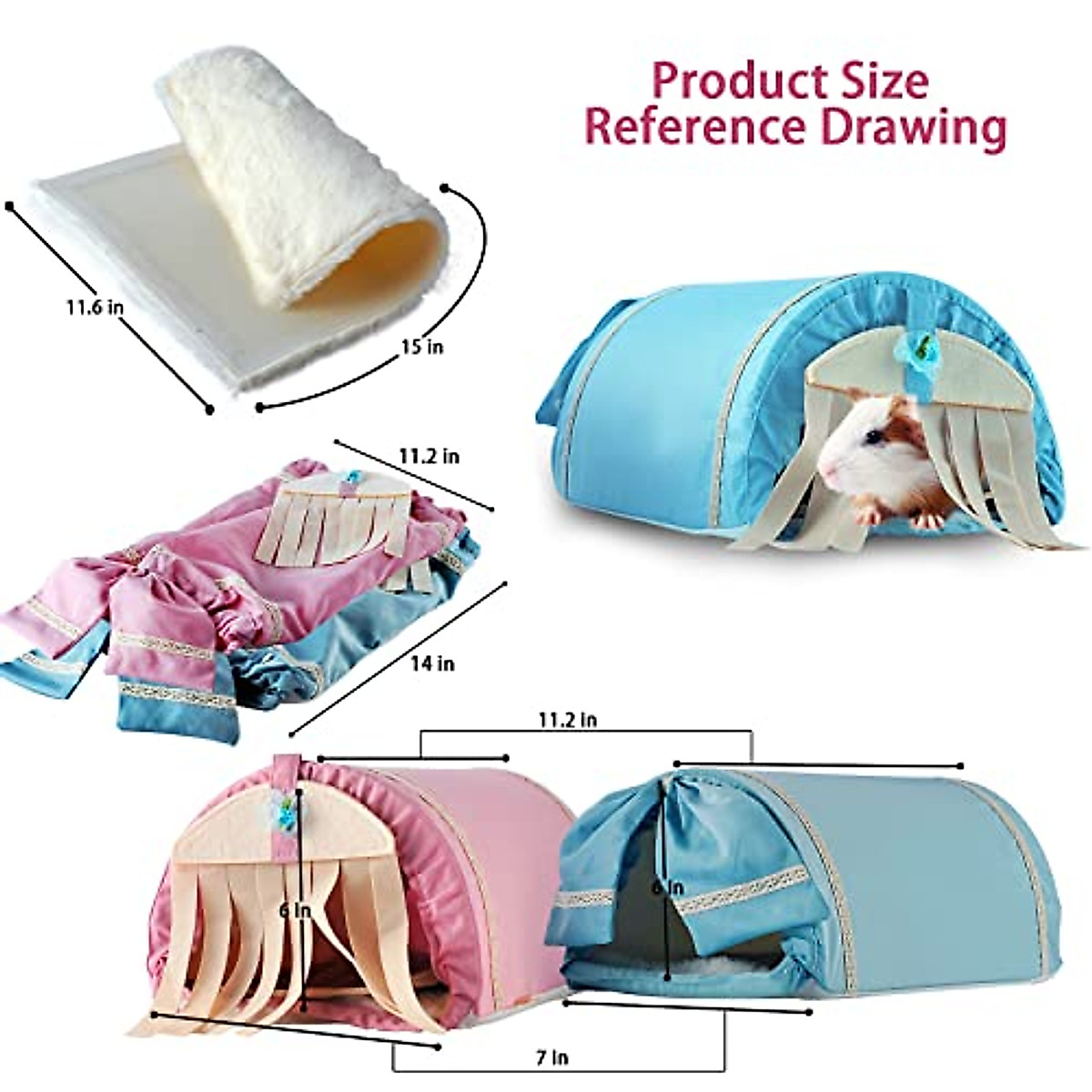 VCZONE Guinea Pig Tunnel House, Hideout House with Double Side Pad for Bunny Hamsters Chinchilla Guinea Pig, Soft Warm Plush Nest Habitats for Playing and Sleeping(Blue)