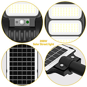 KCCCT LED Solar Street Lights 200W 6500K Waterproof with Motion Sensor Radar Dusk to Dawn Solar Flood Lights Outdoor Solar Security Wall Light for Street,Garden,Patio,Garage,Yard