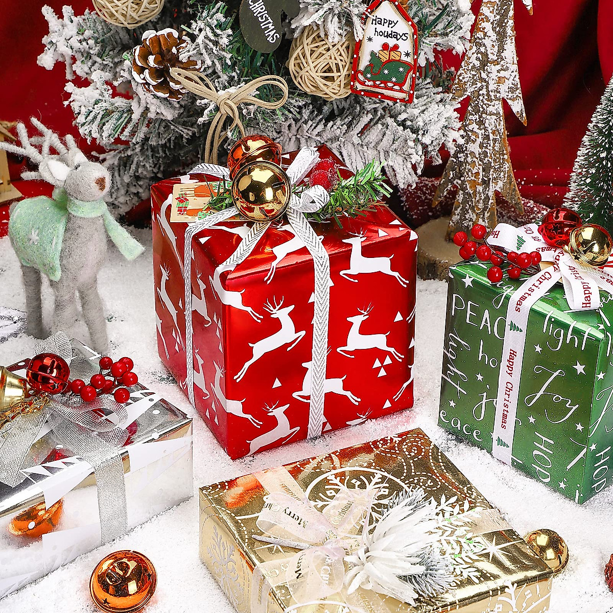 WRAPAHOLIC Christmas Wrapping Paper Roll - Red Green Gold and Silver Snowflakes Trees Holiday Collection with Metallic Foil Shine - 4 Rolls - 30 Inch x 120 Inch Per Roll