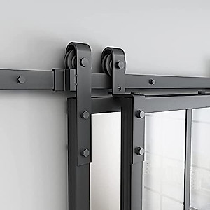 BARNSMITH Bypass Double Glass Barn Door 84 x 84 in with 7.5FT Side-Mounted Hardware Kit, 2 Sets of 42x84 Frosted Glass Aluminum Frame Barn Door,Assemble Required (2 * 42inx 84in)