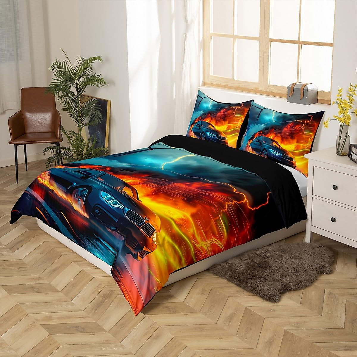 Erosebridal Race Car Duvet Cover Twin,Golden Flame Racing Car Bedding Set for Kids Boys Girls,Sports Car Lightning Comforter Cover Lightweight,Storm Automobile Quilt Cover with 1 Pillow Sham