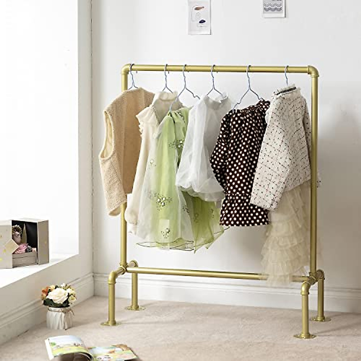 CTHTESY Industrial Pipes Dress up Racks, Child Garment Racks, Kids Clothing Racks, Clothes Hanging Rack with Storage Shelf Organizers Shelves Shelving, Gold