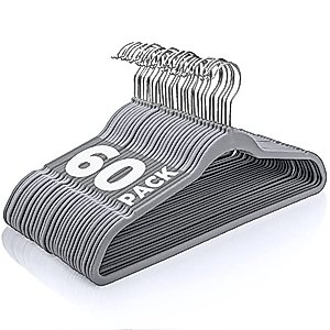 Jersow Velvet Hangers, 60 Pack Non Slip Felt Hangers Space Saving Clothes Hanger, Velvet Hanger Heavy Duty Adult Hanger for Coats and Suits (Grey)