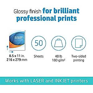HP Professional Business Paper, Glossy, 8.5x11 in, 48 lb, 50 sheets, works with inkjet, PageWide, laser printers (6MF93A)