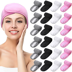 24 Pcs Spa Headband Bulk Makeup Facial Headband for Washing Face, Terry Cloth Headband Head Wraps for Facials, Adjustable Stretch Towel with Hook and Loop Non Slip, White, Pink, Grey, Black