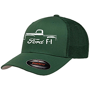 1948-52 Ford F1 F-1 Pickup Truck Outline Design Flexfit Trucker Mesh Fitted Cap Forest