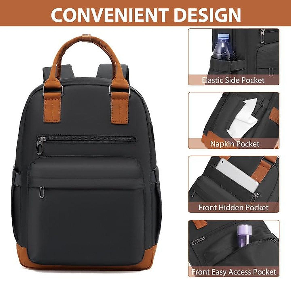 LONG VACATION Women's 15.6 Inch Laptop Bag, Fashion Laptop Backpack with USB Port, Casual Daypacks for Work (BLACK & BROWN, 15.6 inch)