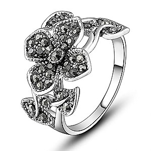 Mytys Vintage Silver Flower Statement Rings for Women Leaf Marcasite Crystal Cocktail Ring for Women Size 6