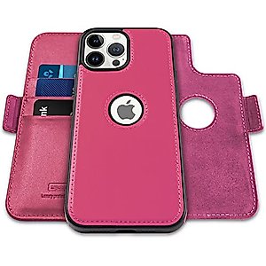 WenBelle for iPhone 14 Pro Max(6.7 inch), 2-in-1 Magnetic Detachable TPU Shockproof Genuine Leather Wallet Case,RFID Blocking Protection,Viewing Stand and Card Slots Flip Cases (Rose Red)