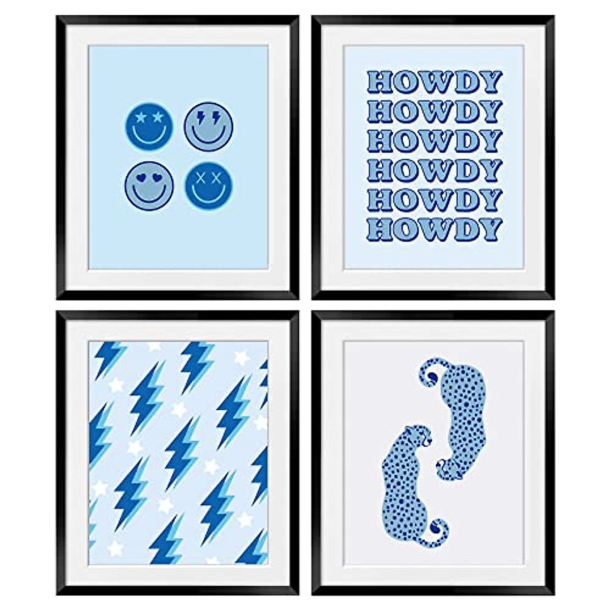 OGILRE Blue Smiley Face Howdy Preppy Wall Art Decorations Prints, Lightning Leopard Boho Poster, 8x10 Inch 4 Set UNFRAMED