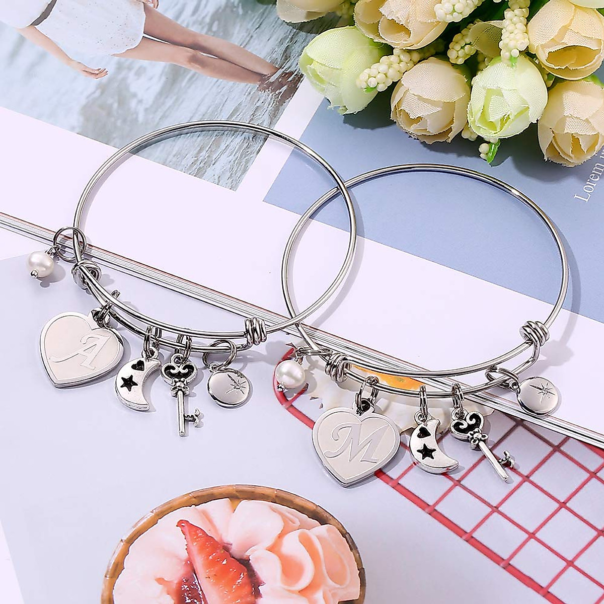 Initial Bangle Bracelets For Women - Heart Charm Engraved Letter C Initial Bracelet Stainless Steel Charms Expandable Wire Bracelets Birthday Jewelry Gifts for Women Teen Girls Girls Teenager