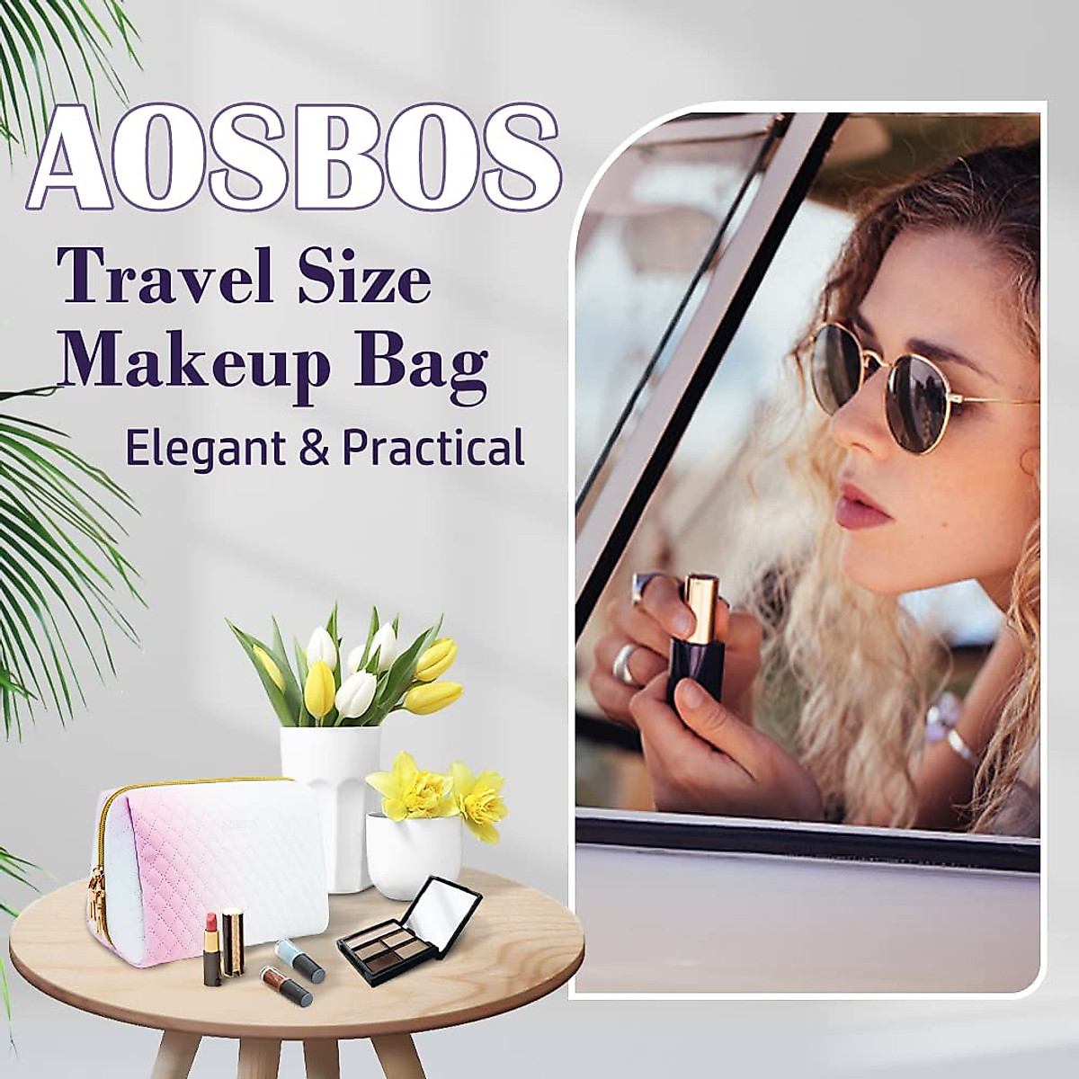 Aosbos Small Makeup Bag Travel Size Makeup Bag Cosmetic Travel Bag Makeup Bags for Women Makeup Pouch Cute Make Up Bag for Purse Gradient White Pink