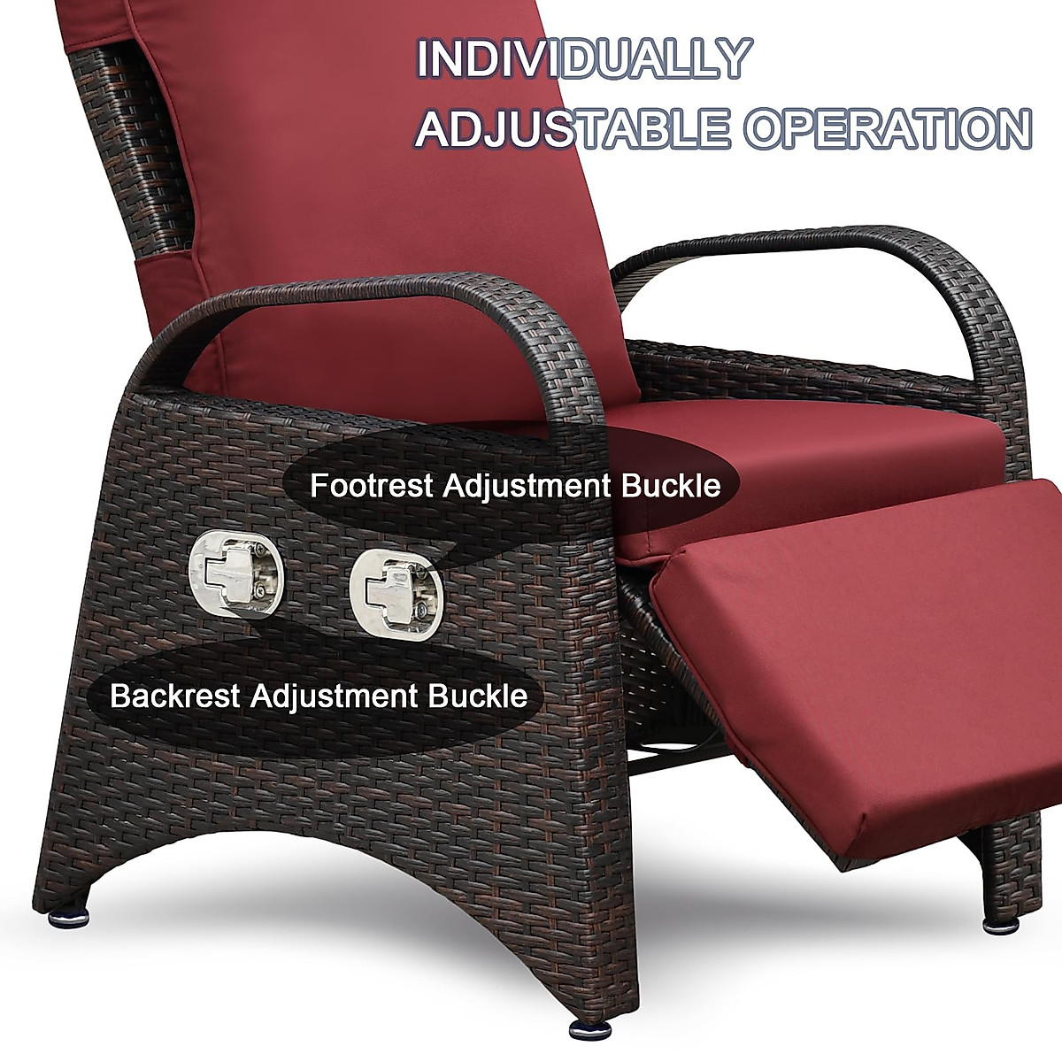 Skypatio Indoor/Outdoor Wicker Recliner Chair, Independently Adjustable Backrest and Footrest Patio Recliner Lounge Chair with Flip Side Table(Red)