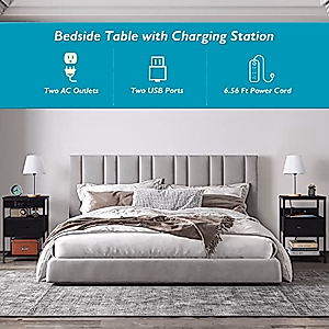 NORCEESAN Black Nightstand with Charging Station, Bed Side Table with USB Ports & AC Outlets, Small End Bedside Tables with Drawer Charging Night Stand 3 Tier Table for Bedroom Living Room Farmhouse