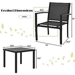 Greesum 3 Pieces Patio Furniture Set Outdoor Conversation Textilene Fabric Chairs for Lawn, Garden, Balcony, Poolside with A Glass Coffee Table, Black