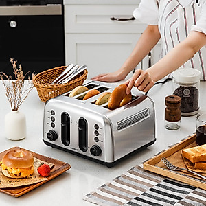 BUYDEEM DT440 4 Slice Toaster, Stainless Steel Toaster with Extra Wide Slots for Bagels, Muffins, High Lift Lever, 6 Shade Settings, Retro Sliver