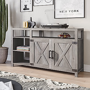 BELLEZE 58" TV Stand for TVs Up to 65", Modern Entertainment Center & TV Cabinet with Storage Shelves and Cabinet, Wood Storage Cabinet Media Console Table for Living Room Bedroom, Gray Wash