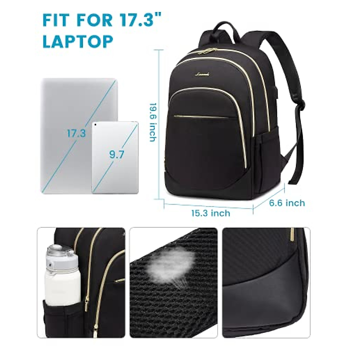 LOVEVOOK Laptop Backpack for Women & Men, 17.3 Inch Anti Theft Travel Backpack with USB Port, Stylish Casual Daypack for College, Large Capacity Teacher Nurse Work Backpack Purse, Black