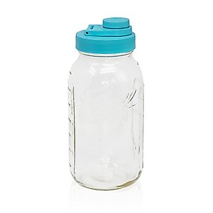 Brewing America Glass Mason Jar Pitcher with Lid Made in USA - Ball Jars, 2 Quart (64 oz) with Teal Wide Mouth Mason Jar Pour Lid, for Smoothie, Boba, Sun Tea Jar, Cold Coffee Glass Tumbler