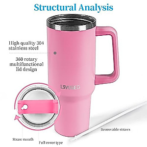 LSVUQED 40 oz Tumbler with Handle and Straw Lid, Insulated Reusable Stainless Steel Travel Mug Keeps Drinks Insulation up to 12 Hours, Leakproof Bottle for Water, Tea or Coffee and More.(Hot Pink)