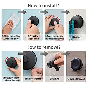 SOCONT Stainless Steel Storage Hook, 4 Pack Suction Cup Hooks for Shower, Matte Black Finish, Easy to Install for Kitchen Bathroom Restroom