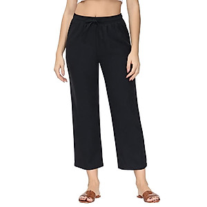 Soojun Women's Linen Blend Drawstring Wide Leg Cropped Pant, Black, Medium