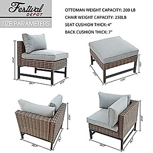 Festival Depot 4-Piece Patio Conversation Set Sectional Corner Sofa Combination Outdoor All-Weather Wicker Metal Armless Chairs for Porch Lawn Garden Balcony Pool Backyard, Brown