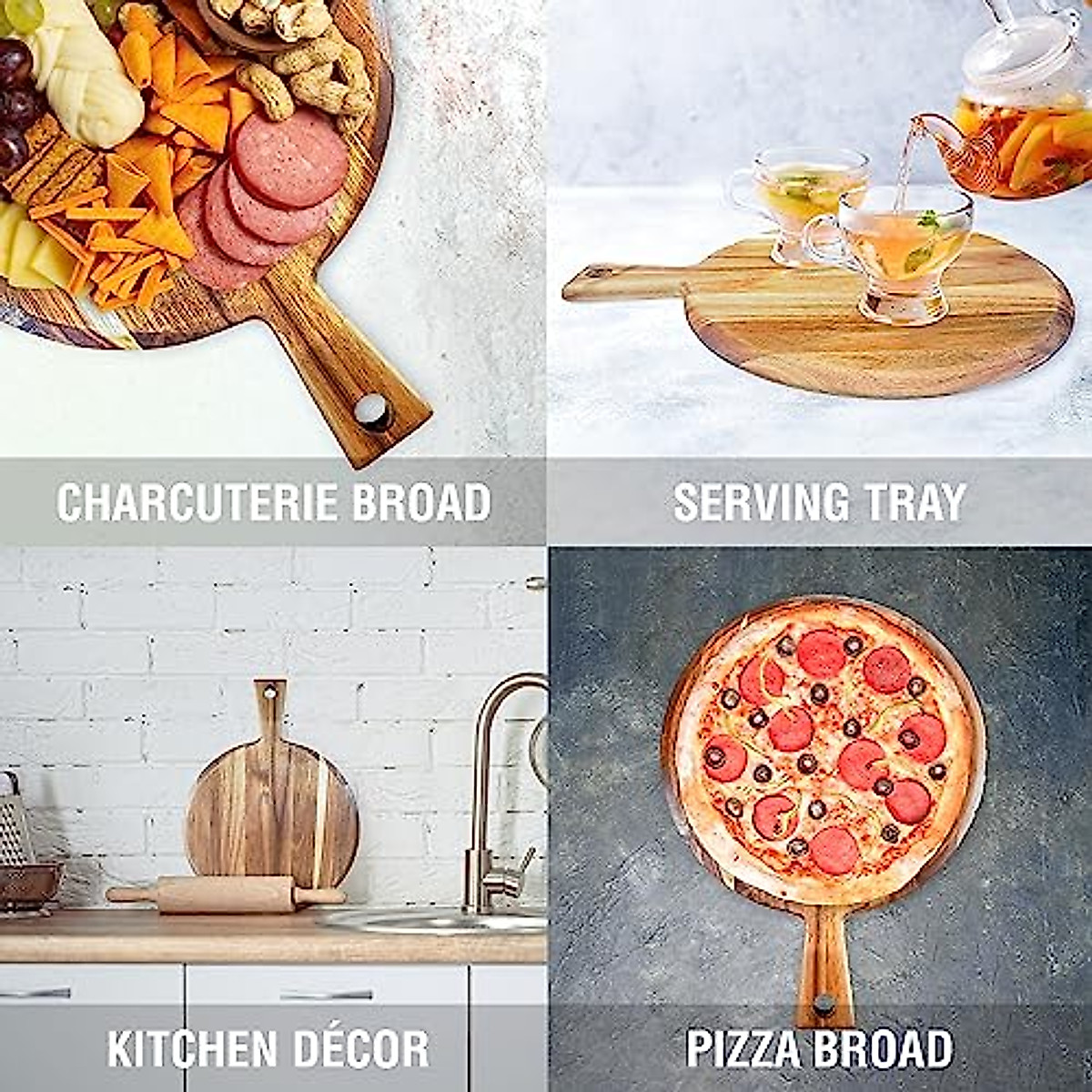 Vees Goods Acacia Wood Cutting Board with Handle - Kitchen Round Cutting Board Set includes Glove and Towel - Great Use for Pizza, Charcuterie, Chopping Board - Size (15.9” x 12.2”)