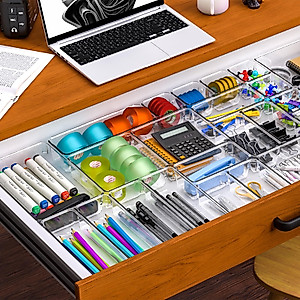 Yieach 25 Pc Clear Plastic Drawer Organizer Set,4 Sizes In Drawer Organizer Trays for Bathroom,Office,Kitchen Cabinet and Vanity Organizers,Desk Drawer Organizer Bins for Jewelry,Cosmetic,Utensil,Junk