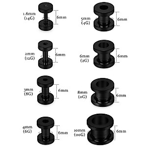 Vsnnsns 14G 12G 8G 6G 4G 2G 0G 00G 316L Surgical Stainless Steel Ear Gauges Tunnel Plug Earrings Expander Stretcher Piercings Jewelry for Women Men 8 Pairs Black 1.6mm - 10mm 14 Gauge - 00Gauge