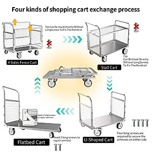 Hrwug Platform Truck Cart with Cage, 4in1 Foldable Hand Truck Flat Cart, Push Cart Dolly Heavy Duty, Load 1600LB, with 6" Swivel Brake Casters, for Grocery, Laundry, Storage (39" x 24")