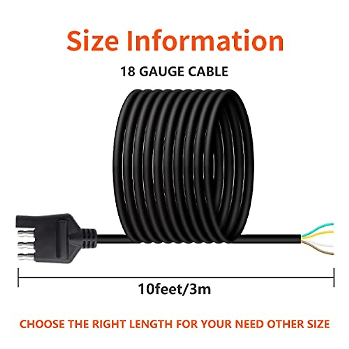 4-Way Trailer Wiring Harness Kits, 10Feet 18AWG 4-Way Plug 4 Pin Male Connector Extension Cable (10Feet)
